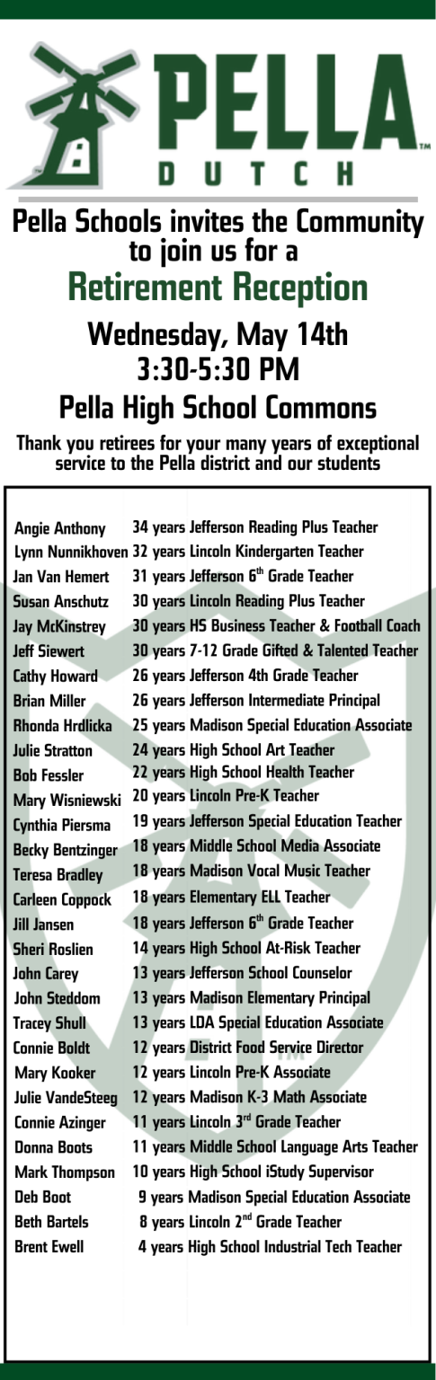 Pella Schools to Host Retirement Celebration on May 14 - Pella ...
